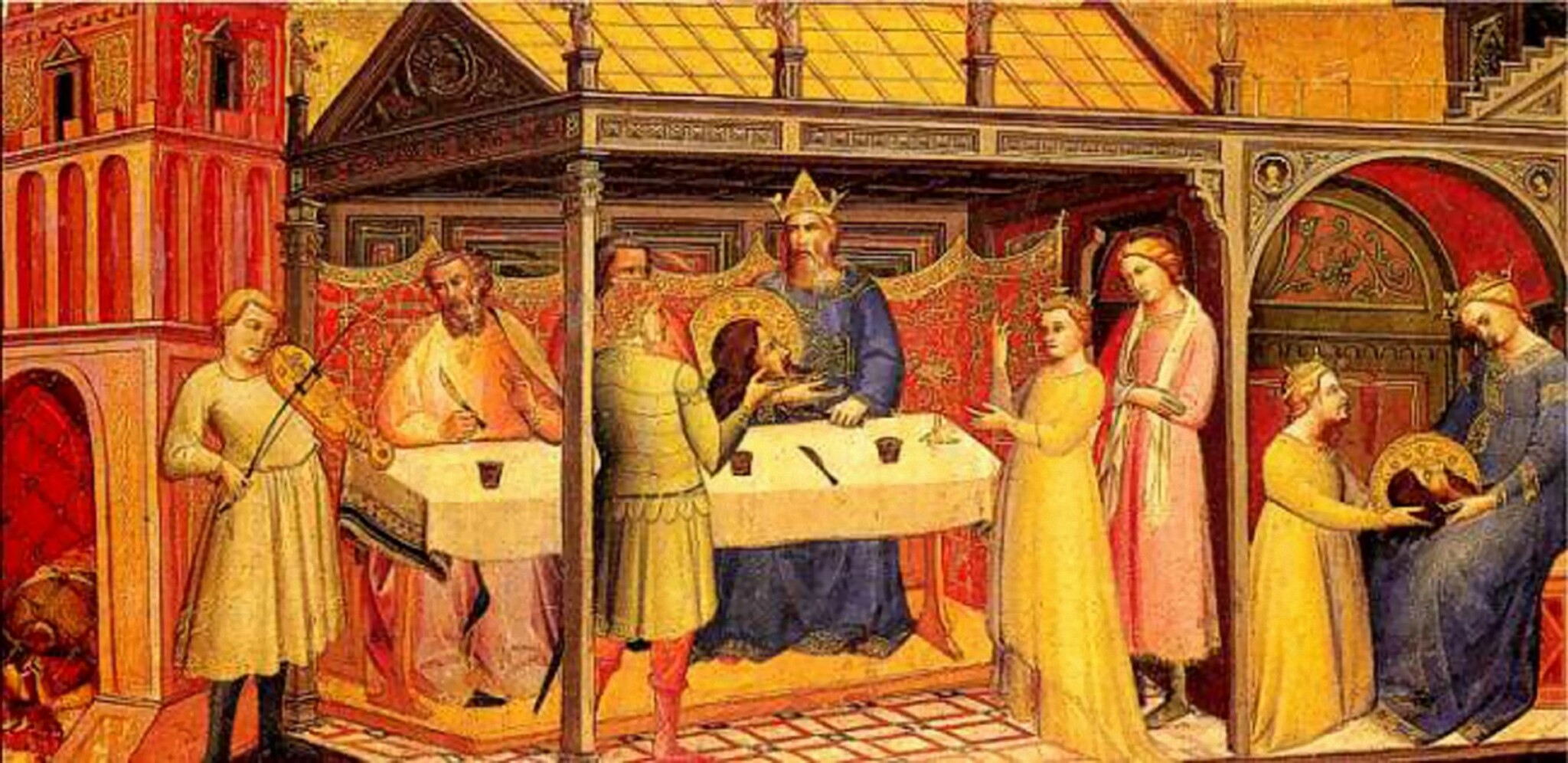 c.1454,Banchetto i Erode.Predella of the Cortona altarpiece. Predella ...